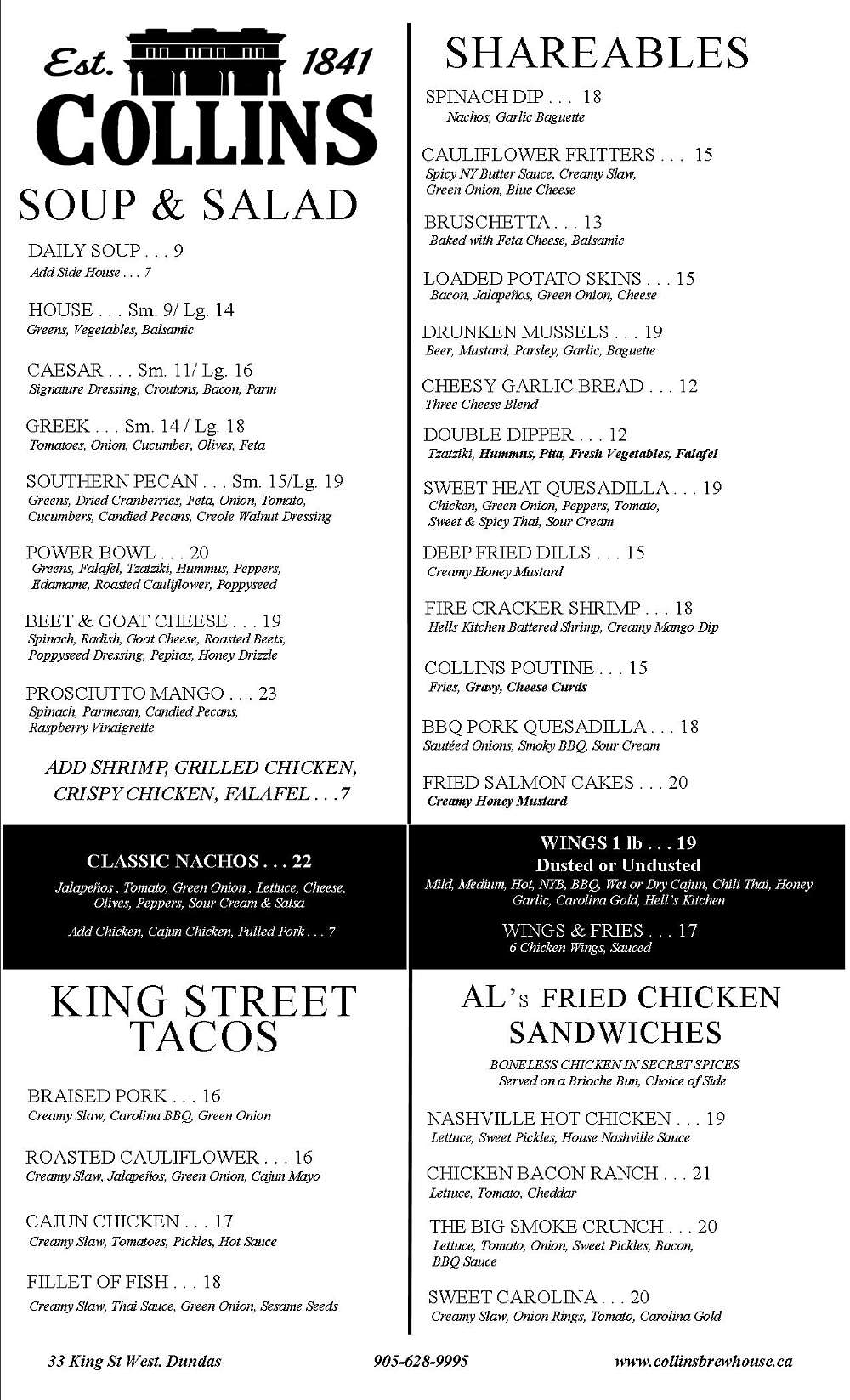 Main Menu at Collin's Brewhouse, Dundas, Ontario, Pub, Patio, Great ...